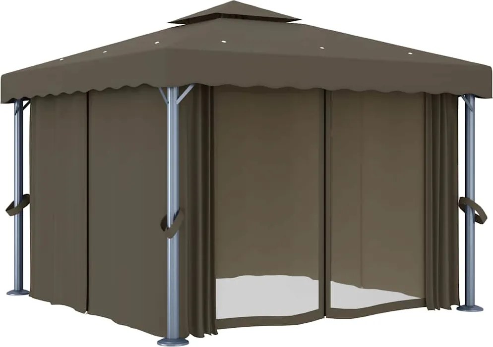 Altán se závěsy a světelnými LED řetězy 3 x 3 m taupe 3070349