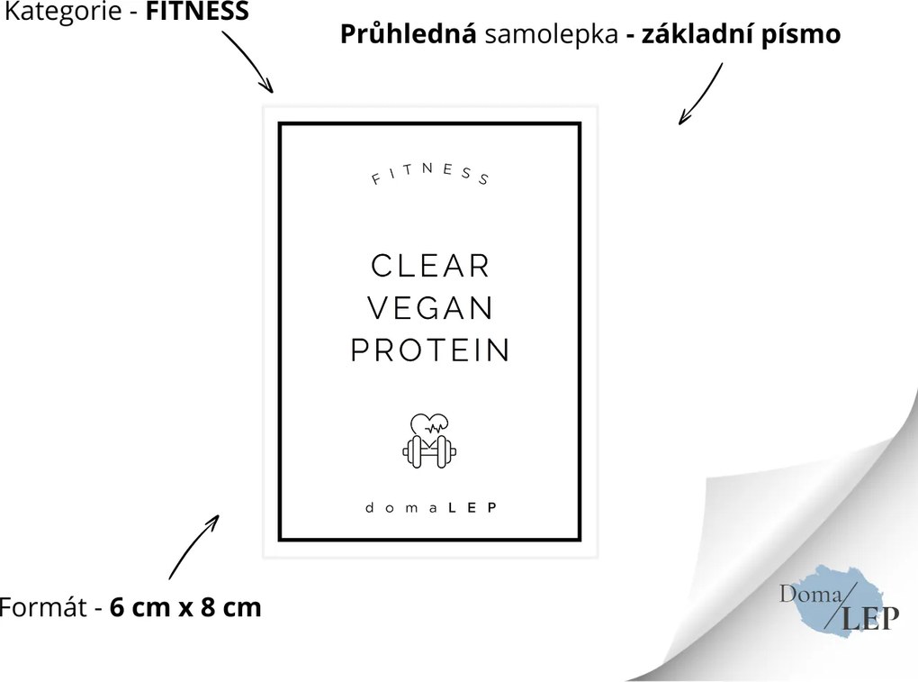 CLEAR VEGAN PROTEIN - Samolepka na dózu pro fitness doplňky - DomaLEP tvar: ČTVEREC, barva: PRŮHLEDNÁ - ČERNÉ písmo, velikost: š. 5 cm x v. 5 cm - tučné písmo