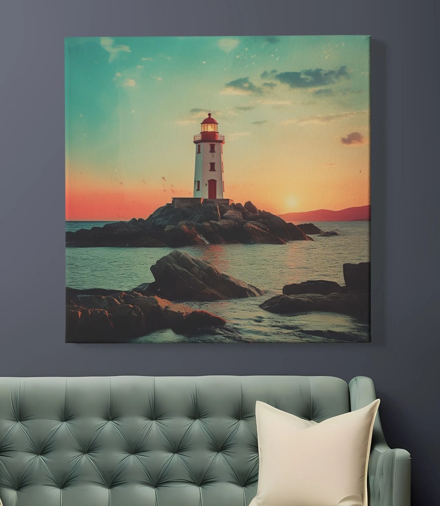Obraz na plátně - Maják na pobřeží, polaroid FeelHappy.cz Velikost obrazu: 140 x 140 cm