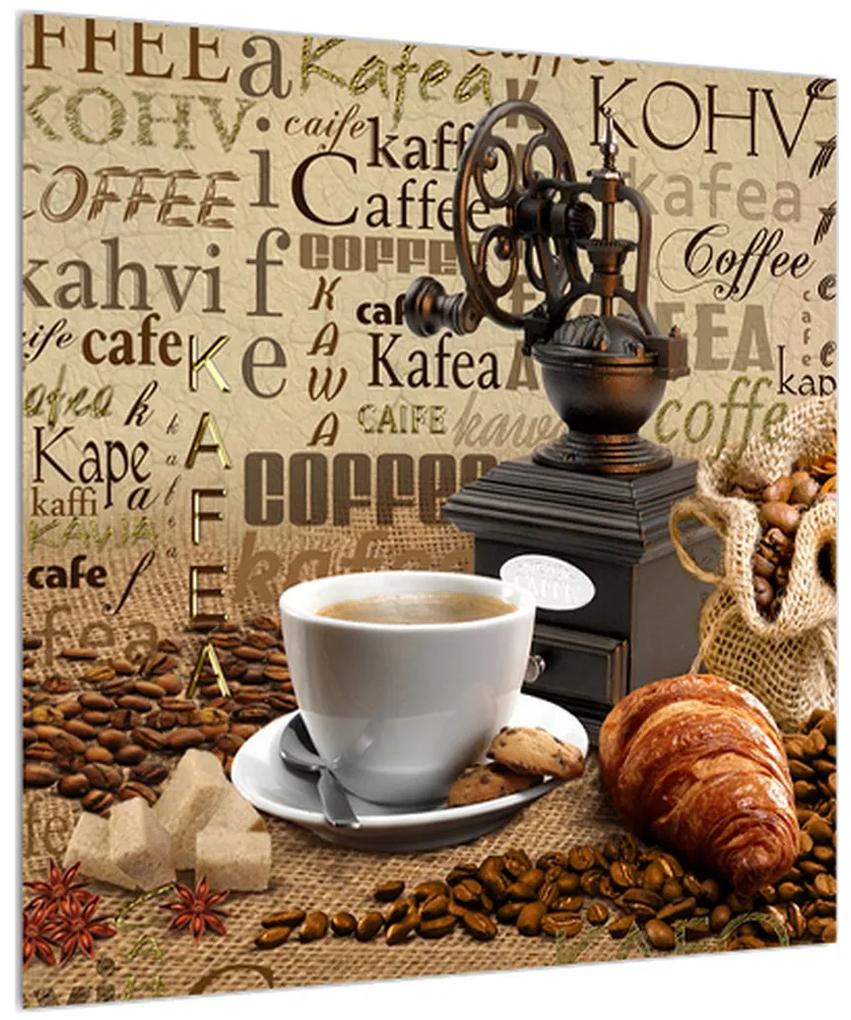 Obraz kávy, mlýnku a croissantů (50x50 cm)