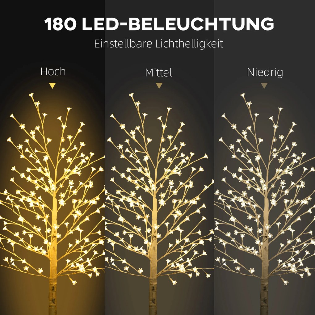 HOMCOM LED třešeň se 180 LED diodami 180 cm umělý stromek s osvětlením 3 úrovně jasu pro slavnostní vánoční výzdobu