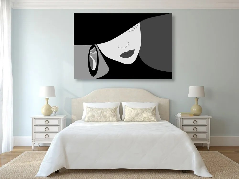 Obraz nóbl dáma v klobouku v černobílém provedení - 120x80 cm