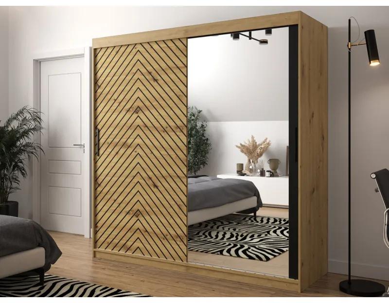 Šatní skříň se zrcadlem na jedné straně Ratintu 2 200 cm, Úložný prostor: ne, Barva: černá / dub artisan + černá