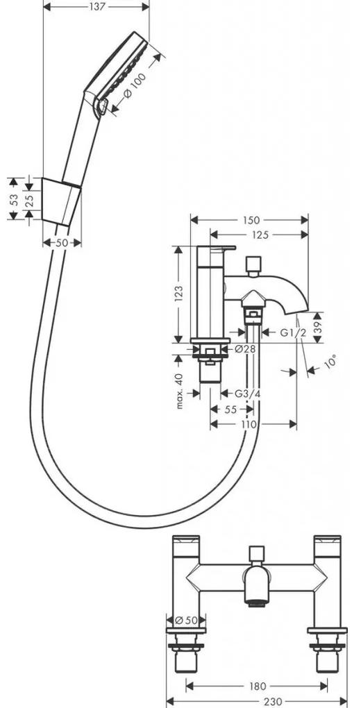 Hansgrohe Vernis Blend - 2-otvorová baterie na okraj vany s přepínacím ventilem a ruční sprchou Vernis Blend Vario, černá matná 71461670