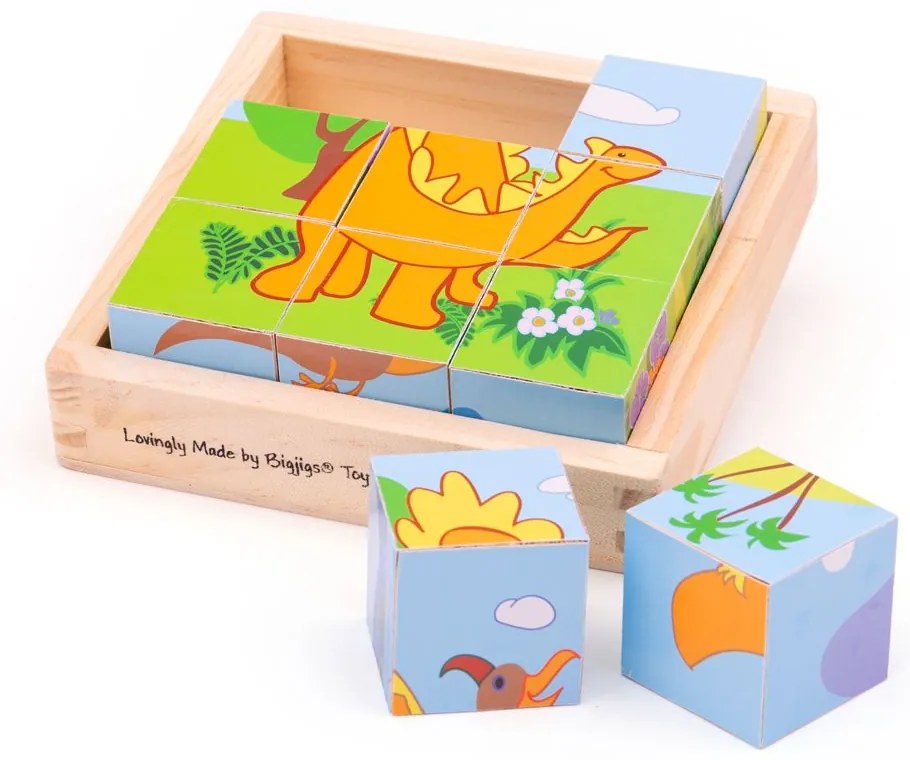 Bigjigs Toys Obrázkové kostky kubusy Dinosauři 9 kostek