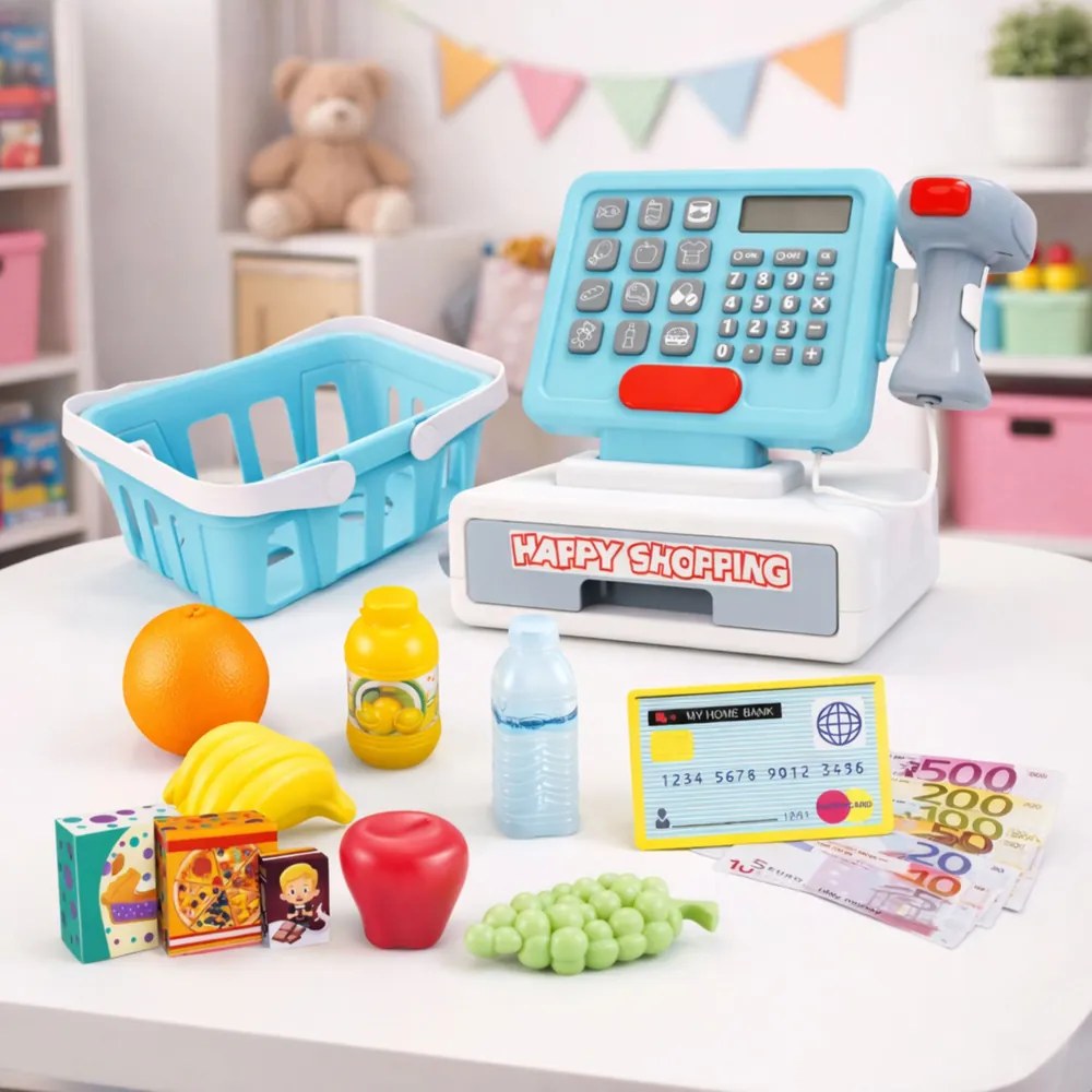 LEAN Toys Interaktivní pokladna v obchodě, skener, nákupní košík, potraviny, světla, zvuky