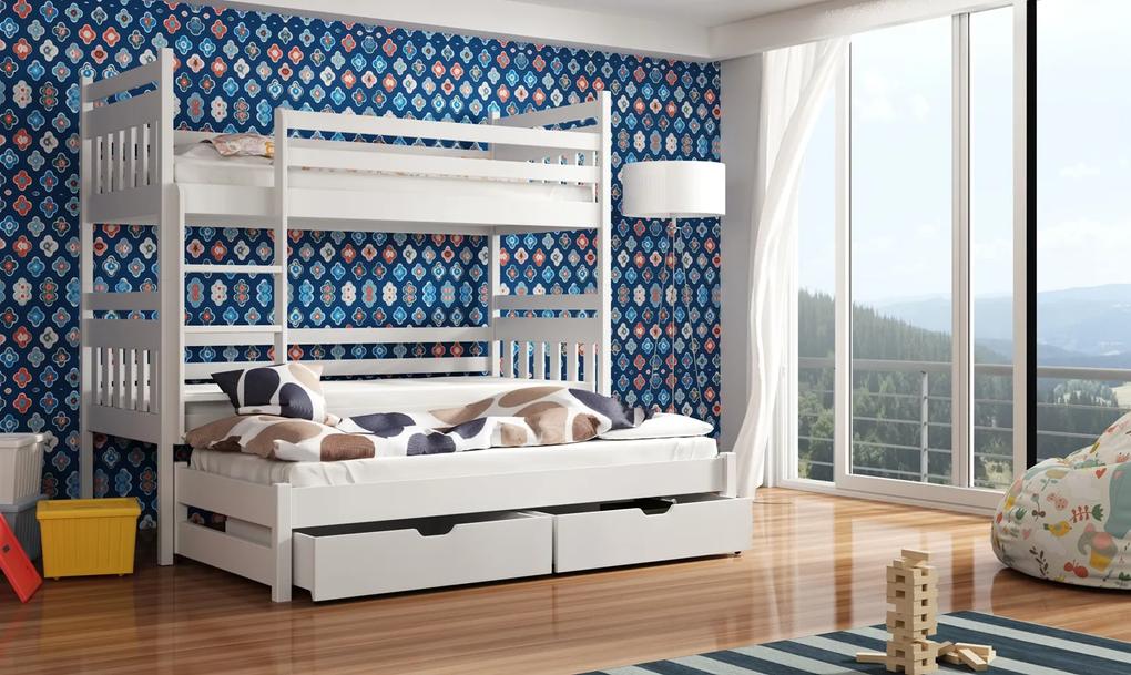 Patrová postel SEWERYN 90x200 cm s přistýlkou a úložným prostorem BÍLÁ