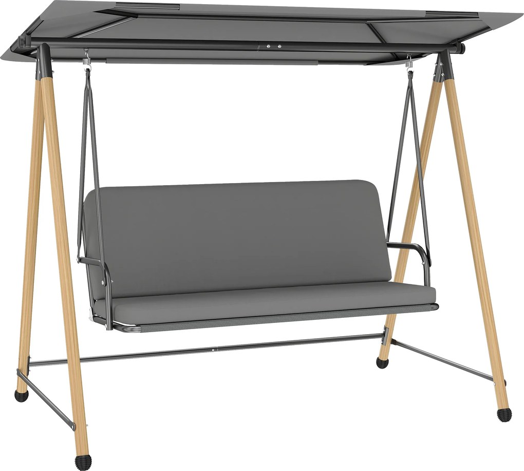 Outsunny zahradní houpačka pro 3 osoby, venkovní houpačka s nastavitelnou střechou a odnímatelným silným polštářem, 208x125x180 cm, šedá