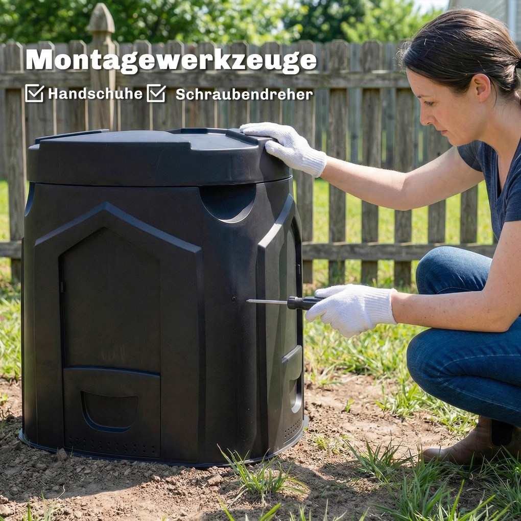 Outsunny kompostér na zahradu, 240 l, trojúhelníkový s 3 dvířky, 66 větracími otvory a otevřeným dnem — včetně rukavic a šroubováku, černý