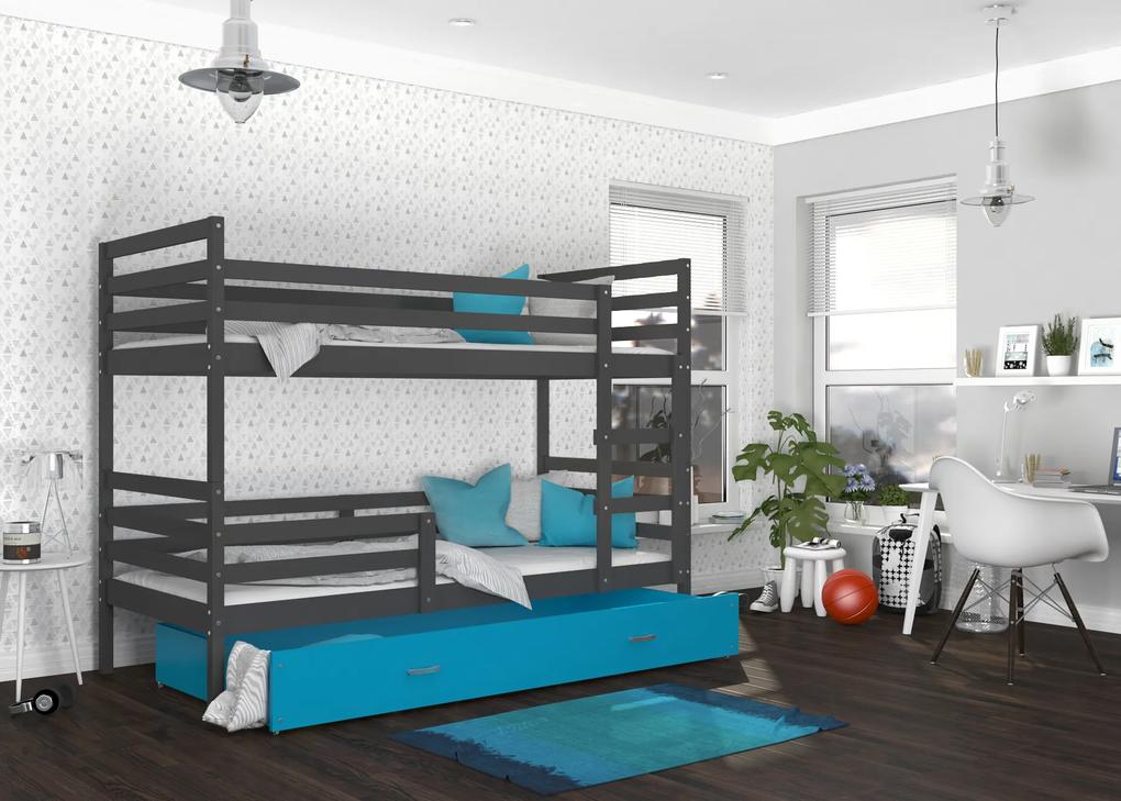 Svět pokojů Patrová postel Arek s úložným prostorem 190x80 cm rám ŠEDÝ/BÍLÝ Matrace: Ne, Barva konstrukce: šedá, Barva dílů: růžová