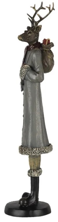 Figurka jelena na zimním výletě v šedém kabátku s kožešinou – 9x8x36 cm
