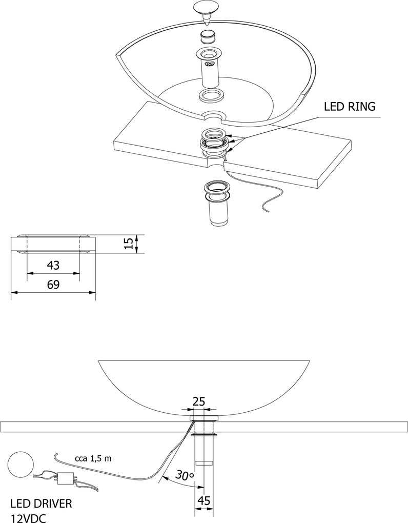 Sapho, LEDRING osvětlení pod skleněné umyvadlo 12V, 1,2W, 5000-5500K