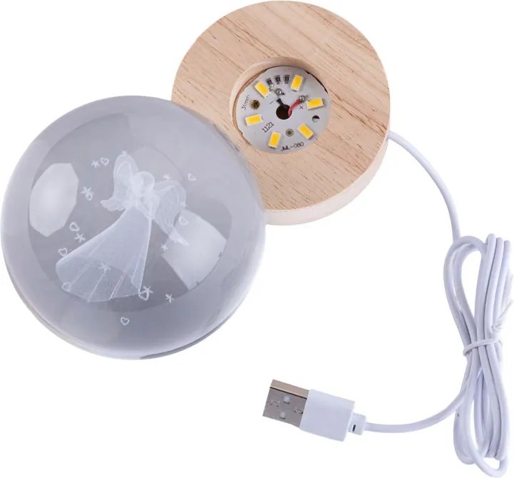 Skleněná LED koule na dřevěném podstavci ANDĚL
