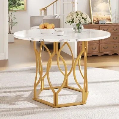 Aosom Kulatý jídelní stůl pro 4 osoby, kuchyňský stůl s MDF deskou a kovovými nohami, 100 x 76 cm, bílá+zlatá F-FC-N620P283668G
