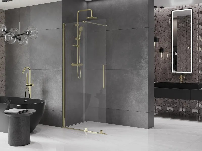 Mexen Velar, posuvné dveře do otvoru typ Walk-In 90 cm, 8mm čiré sklo, zlatá lesklá, 871-090-000-03-50