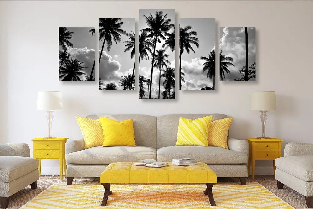 5-dílný obraz kokosové palmy na pláži v černobílém provedení Varianta: 100x50