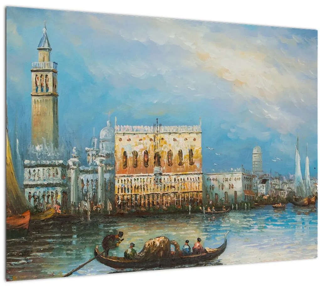 Skleněný obraz - Gondola projíždějící Benátkami, olejomalba (70x50 cm)