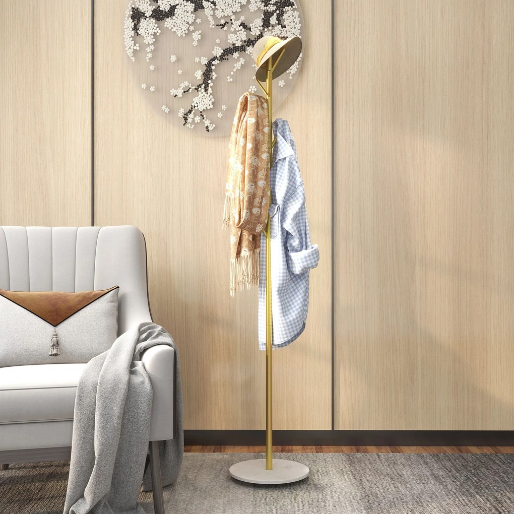 HOMCOM Volně stojící věšák na kabáty se 8 háčky a mramorovou základnou, ocelový věšák pro předsíň a ložnici, Ø32 x 164 cm, Zlatý