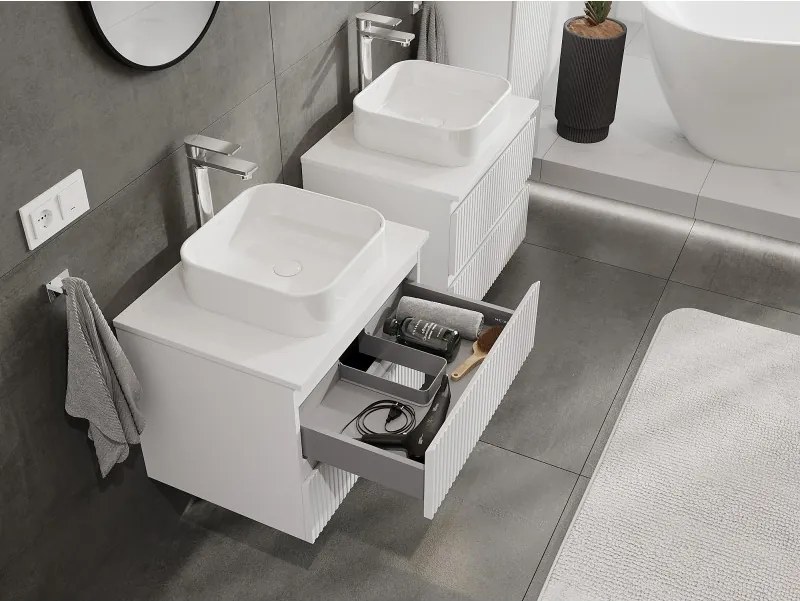 Mexen Rivel koupelnová skříňka pod umyvadlo 60 cm s deskou, 2 zásuvky, drážkovaná, bílá mat - 91A20-06047-2-BFFC01