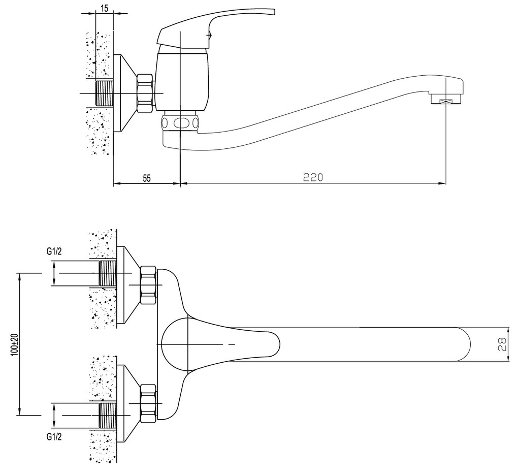 Aqualine 35 nástěnná baterie rozteč 100 mm, ramínko ploché zvýšené, 220 mm, chrom 52032