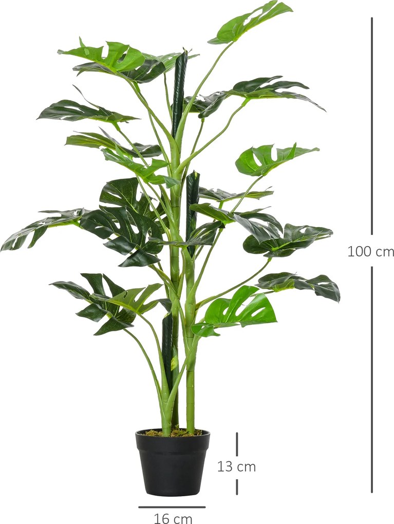 Umělá rostlina Outsunny 100 cm Umělý Monstera s 21 listy a květináčem do domácnosti nebo kanceláře Zelená