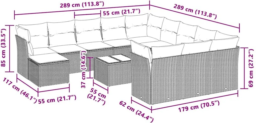 13dílná zahradní sedací souprava podušky světle šedá polyratan 3218642