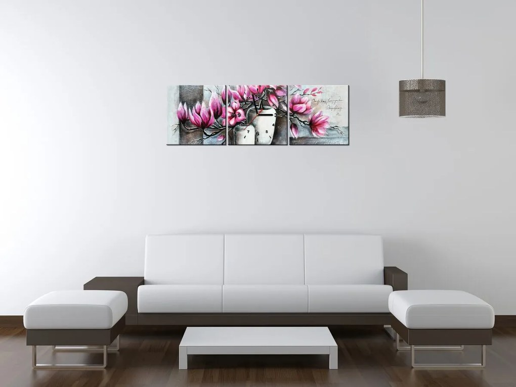 Gario Obraz s hodinami Růžové magnolie ve váze - 3 dílný Rozměry: 100 x 70 cm