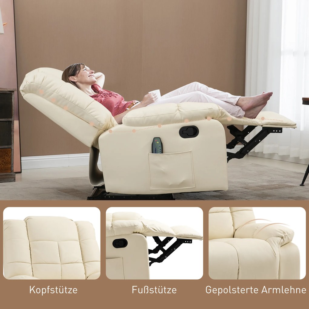 HOMCOM masážní křeslo TV křeslo elektrické polohovací s masážní funkcí imitace kůže dřevo ocelová pěna krémová bílá 94x99x99 cm pro relaxaci |