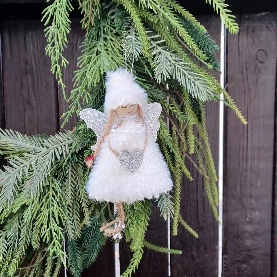 Sada vánočních ozdob andílků 11,5 cm, bílá, dřevo, příze