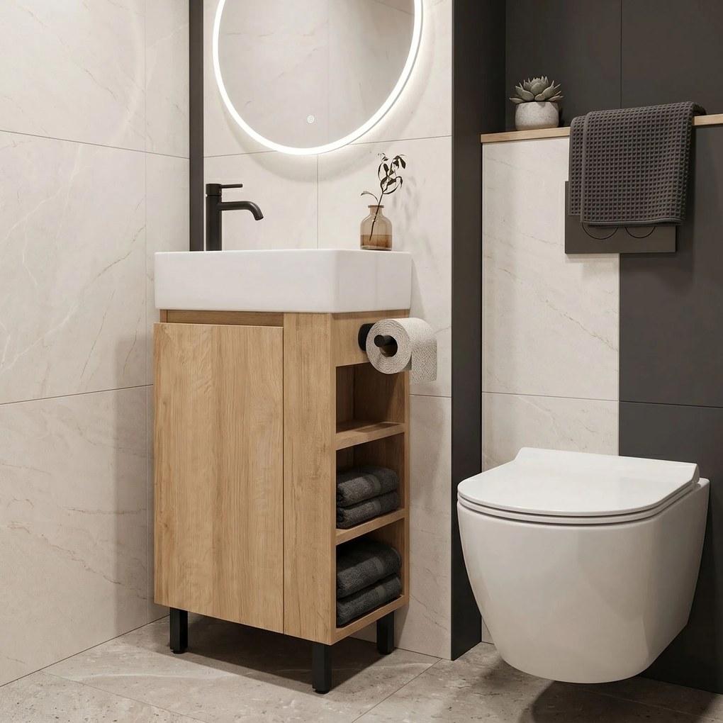 Rea Astra, umyvadlová skříňka 430x260x825 mm s keramickým umyvadlem, hnědá/bílá, REA-M0404