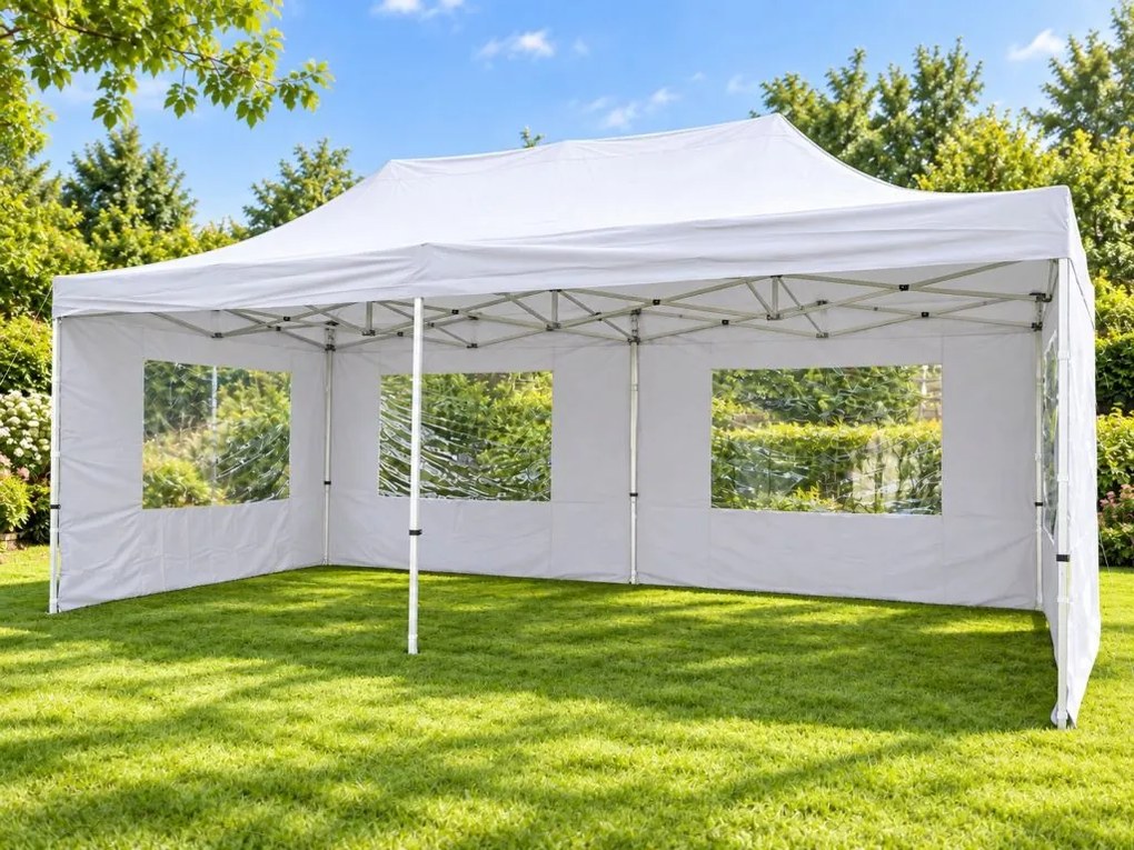 Nůžkový párty stan 3 × 6 m s bočními stěnami, bílý