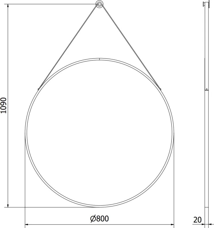 Mexen String, kulaté koupelnové zrcadlo na pásku 80 cm, barva rámu černá matná, 9854-080-080-000-70