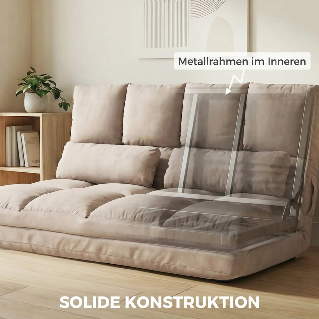 Skládací podlahová židle HOMCOM s nastavitelným opěradlem, 2 polštáře v balení, potah podobný suede, do obývacího pokoje, ložnice a kanceláře, béžová