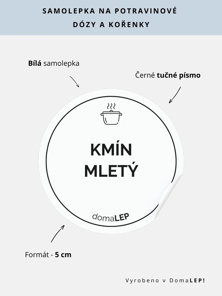Samolepka na kořenky KMÍN MLETÝ bílá 5 cm tučné písmo