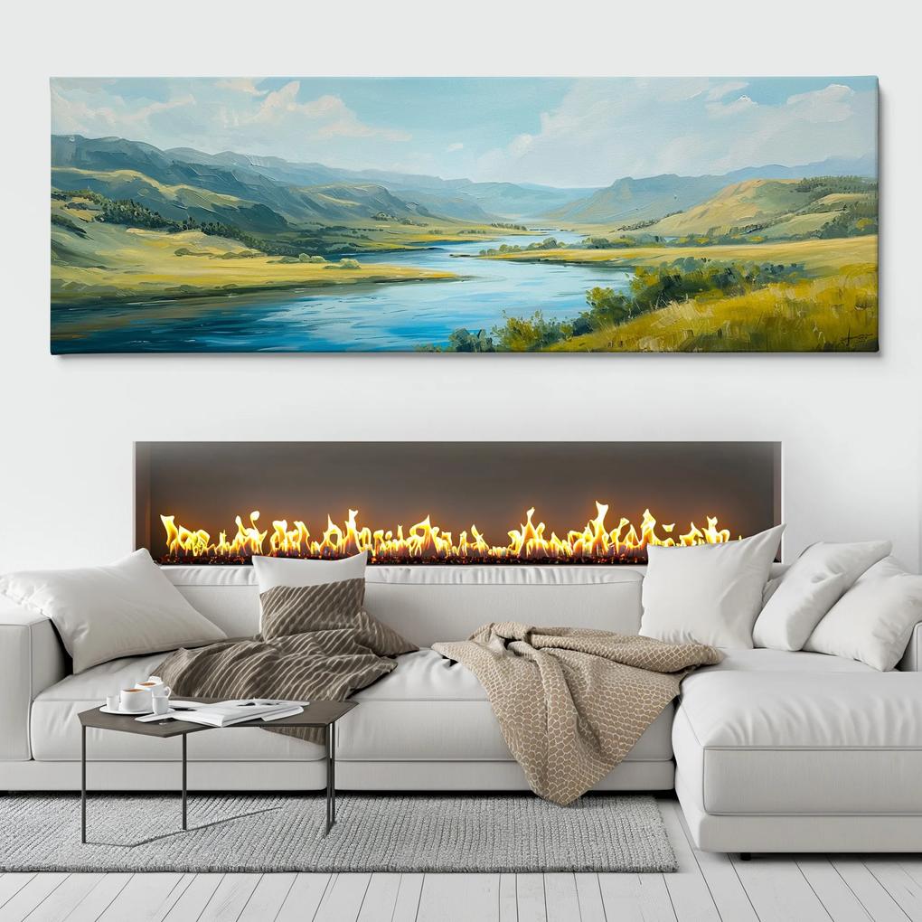 Obraz na plátně - Údolí řeky s malými kopci FeelHappy.cz Velikost obrazu: 240 x 80 cm