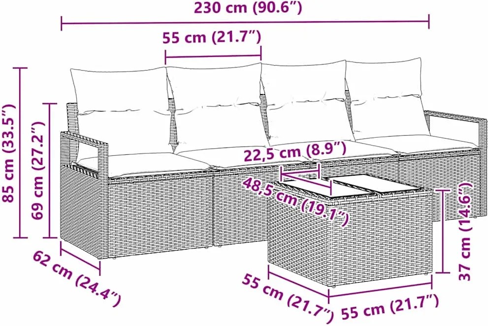Set pohovek 5 ks 4-Počet míst Šedá polyratan 3346249