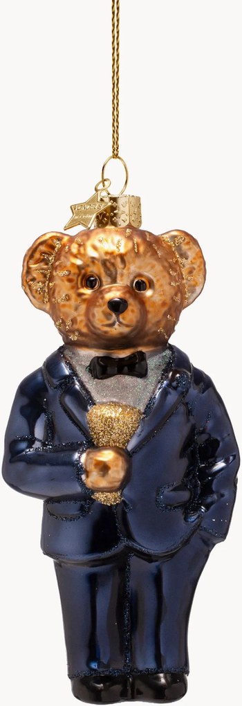 Ručně foukaná vánoční ozdoba Bear Blue in Clothes