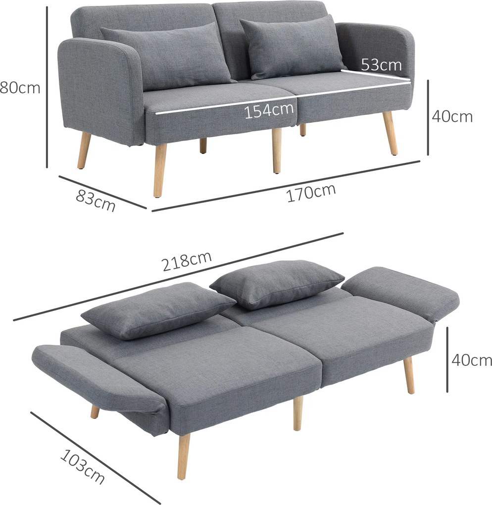 HOMCOM 3místná pohovka s funkcí spaní, 170x83x80cm, s 3stupňovým nastavením opěradla a nohou, vlnité pružiny, přehozové polštáře, vzhled lnu, šedá| A…