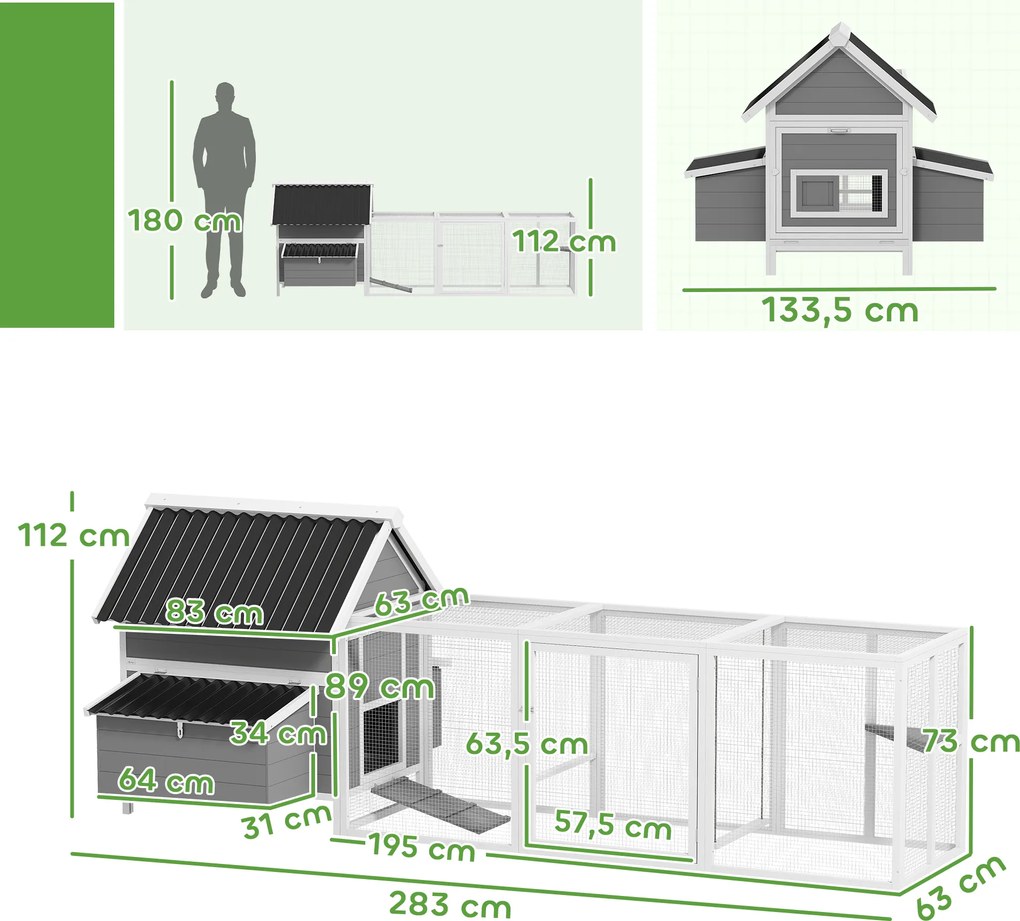 Velký kurník pro 7-10 kuřat, bidýlka, houpačka, okno, hnízdní boxy, drátěné pletivo, šedá barva