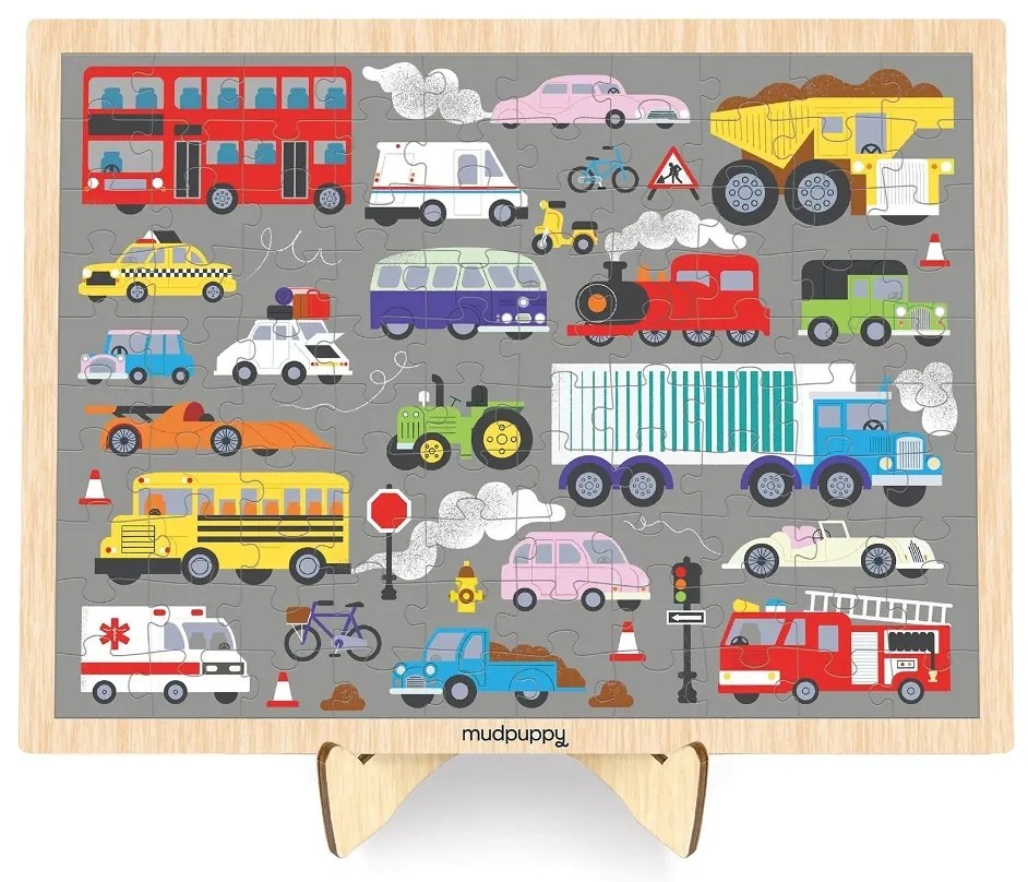 Mudpuppy Dřevěné puzzle Dopravní prostředky + stojánek 100 dílků