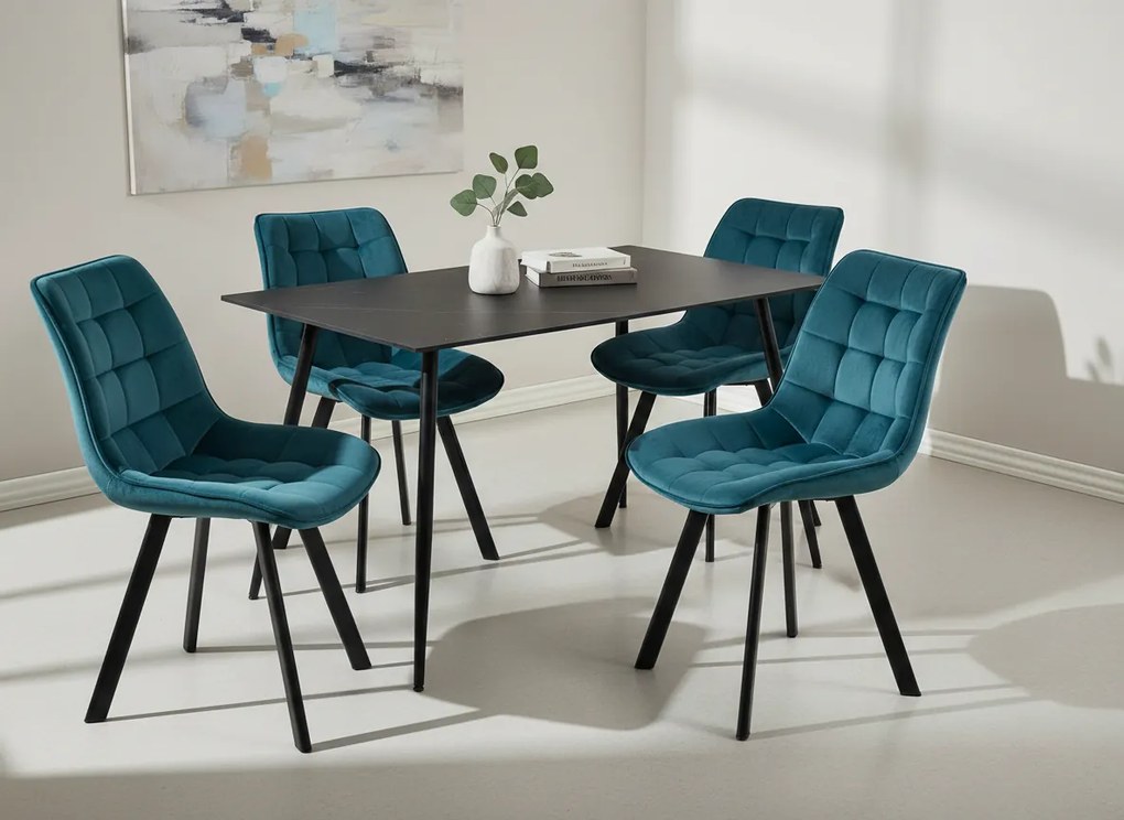 Noela Jídelní set CERAMON 140 černý + 4x židle BELLA tyrkysová