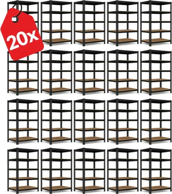 Akce 20x Regál 216x120x50 cm profesionální 5-policový, nosnost 200 kg - černý