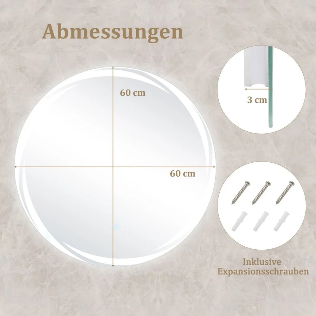 Costway Koupelnové zrcadlo LED s osvětlením 60 cm kulaté koupelnové