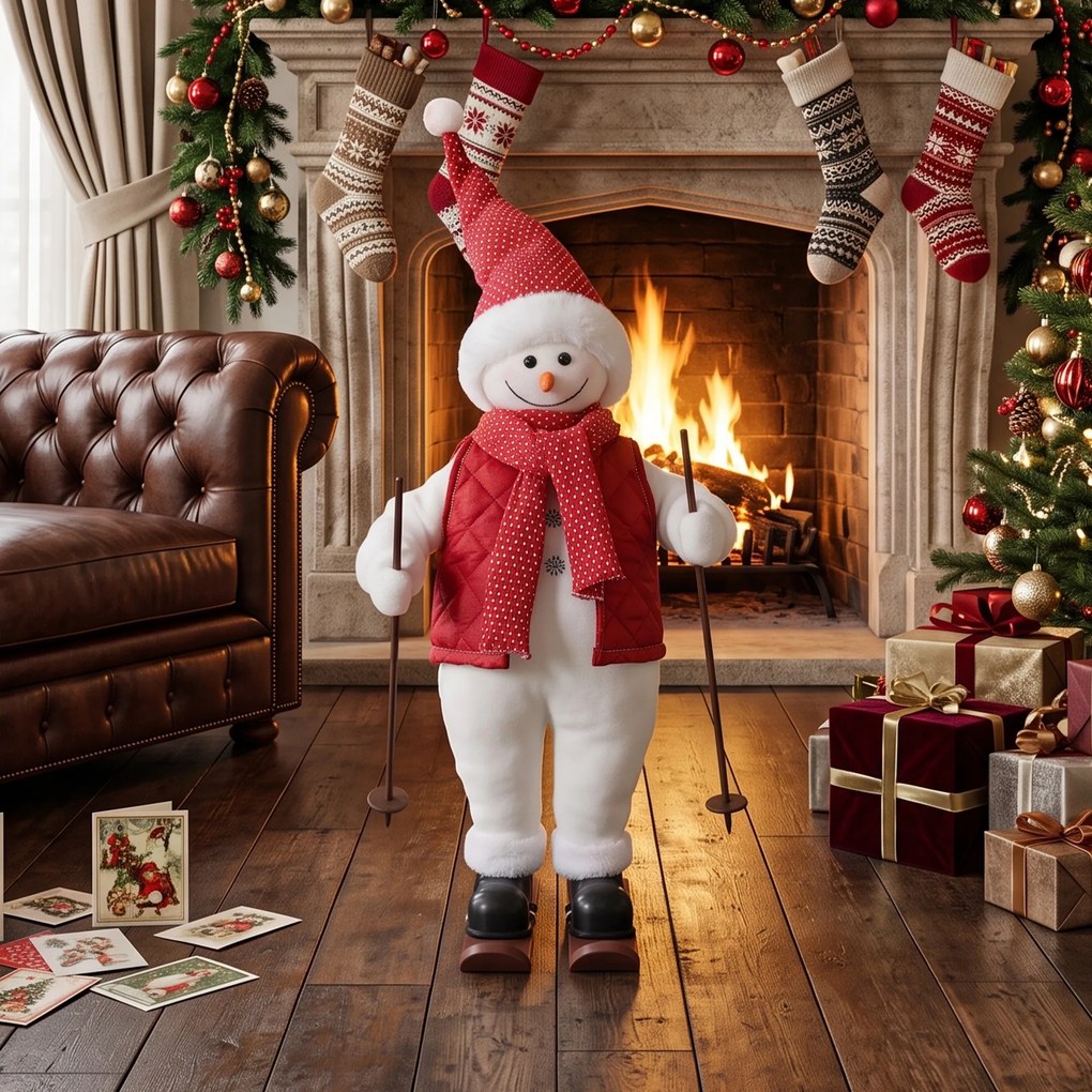 HOMCOM Zpívající lyžařský Santa Claus, 65 cm, animovaná vánoční postava se lyžemi, holemi a aktivací zvukem / dotykem