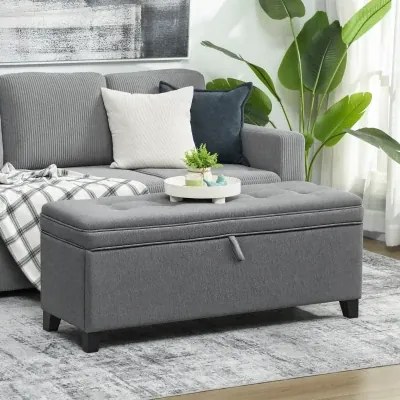 HOMCOM Lavice s úložným prostorem, polstrovaná lavice 120x40x48 cm s bezpečnostními panty, lněný vzhled, tmavě šedá