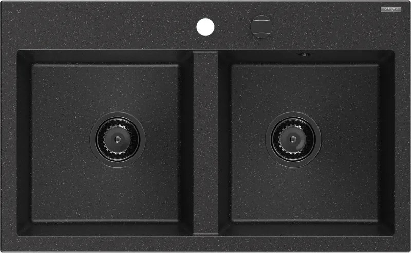 Mexen Hektor, 2-komorový granitový dřez 800x480x205 mm, černá-stříbrná metalíza, grafitový sifon, 6521802000-73-B