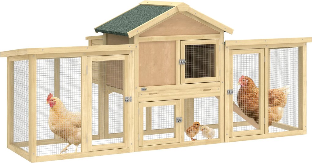 PawHut dřevěný kurník 204 × 85 × 93 cm — dvoupatrový výběh, hnízdo, voděodolná střecha, bidýlko a rampa | Aosom