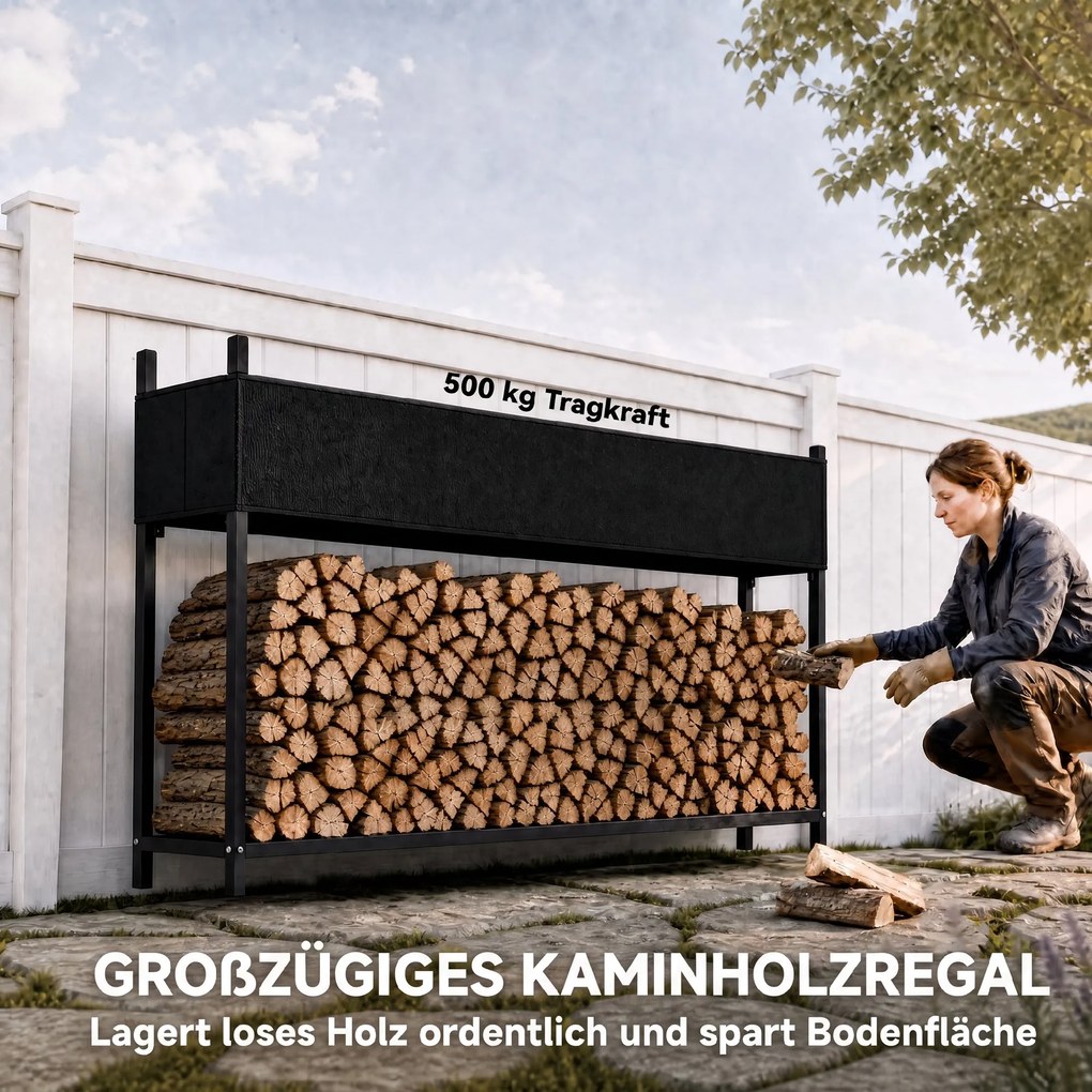 Outsunny Stojan na palivo 202 x 25 x 113 cm, stojan na dřevo s 600D Oxford krytem, ocelový rám do 500 kg, černý