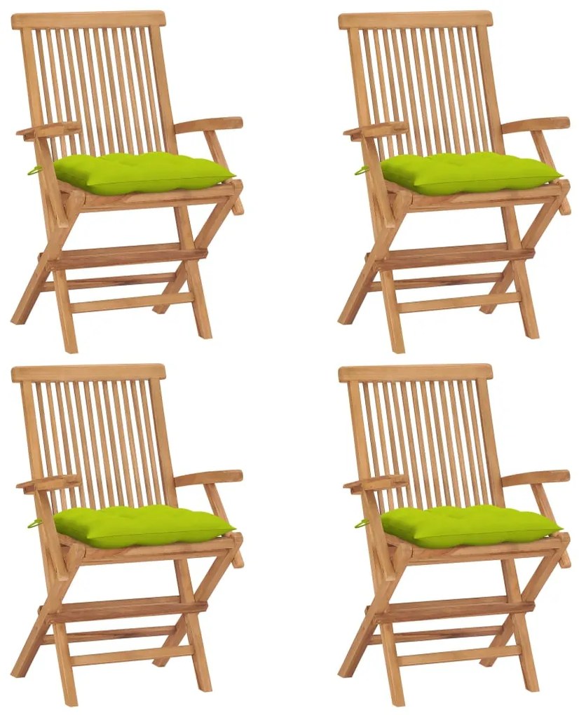 3065643 vidaXL Zahradní židle s jasně zelenými poduškami 4 ks masivní teak