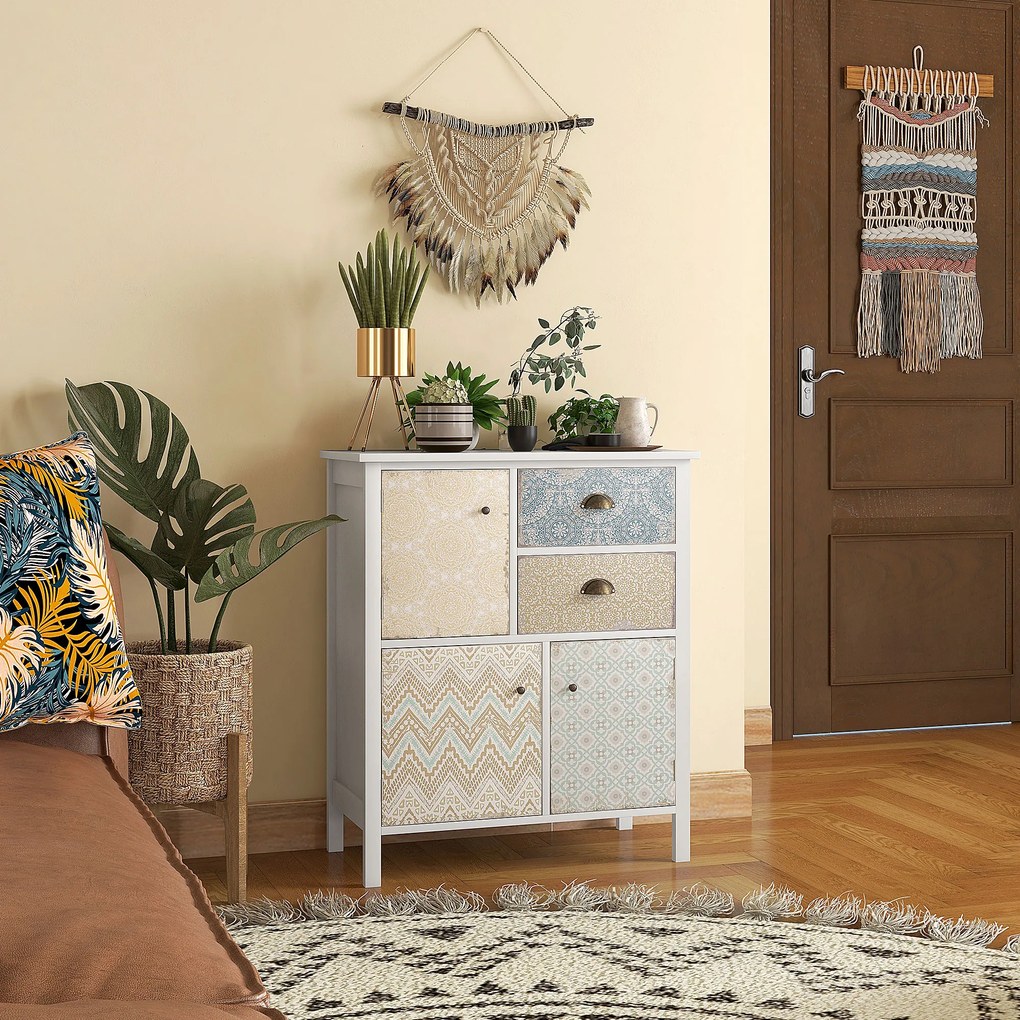 HOMCOM komoda úložná skříňka 2 zásuvky 3 přihrádky protiskluzová obývací pokoj ložnice bílá 68x34x80cm